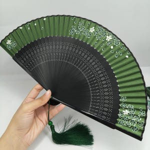 Elegant Sakura Handheld Fan, Peacock Green Hand Fan, Retro Hanfu ...