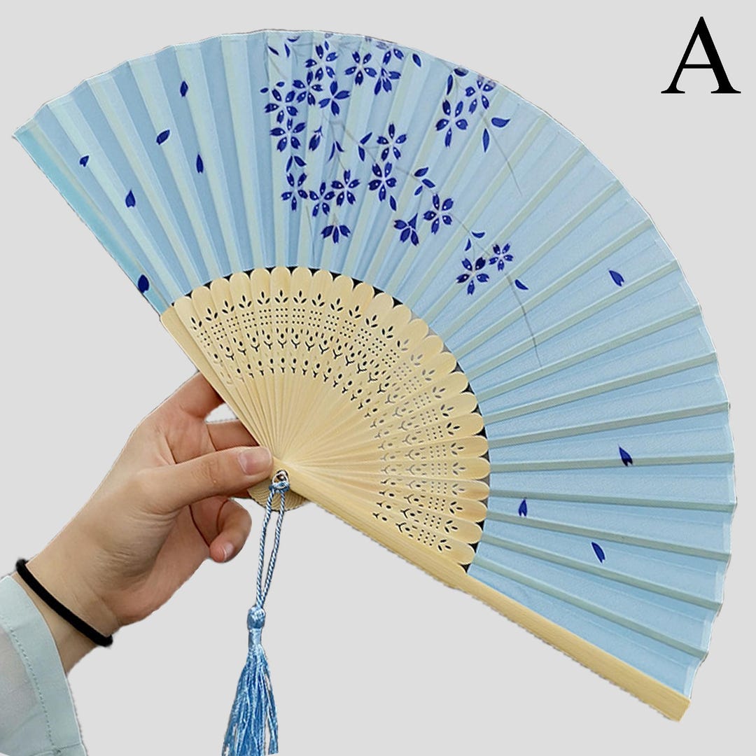 Blue Floral Folding Fan, Beautiful Fabric Hand Fan, Chinese Handheld ...