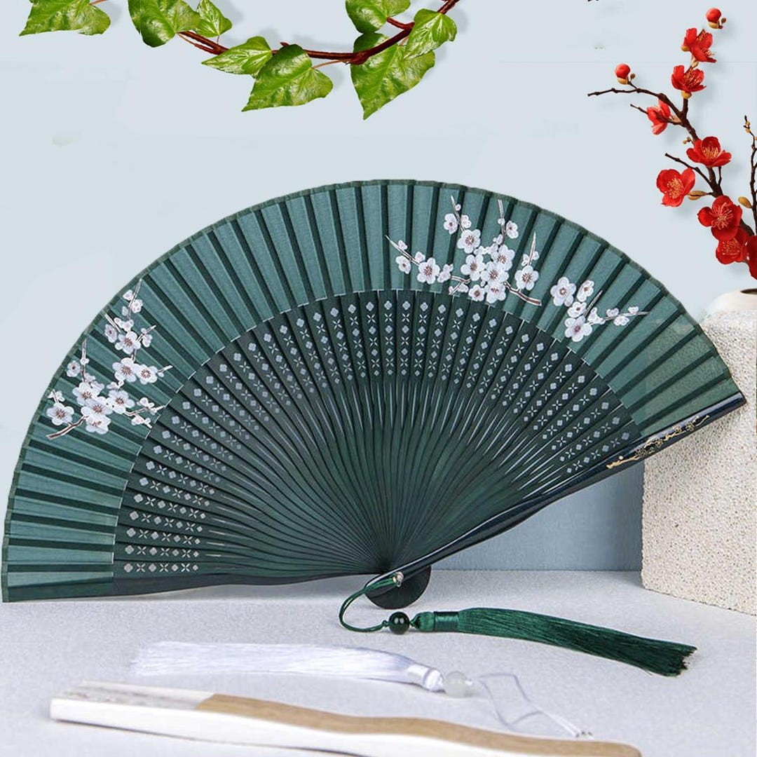 Dark Green Hand Fan, Retro Silk Folding Fans, Chinese Style Hand Held ...