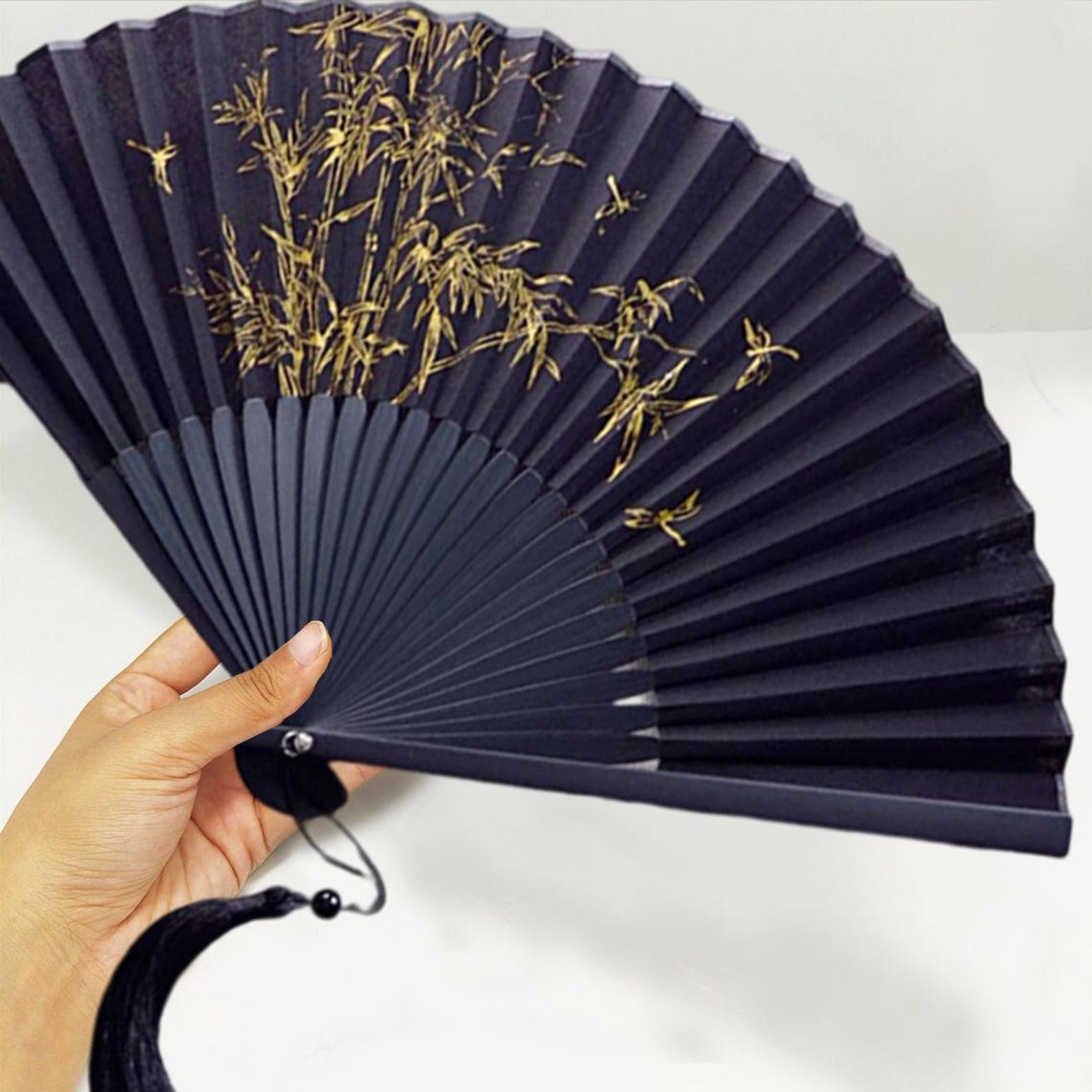 Large Kung Fu Bamboo Fan – Black Green Cloth Folding Fan With Lotus ...