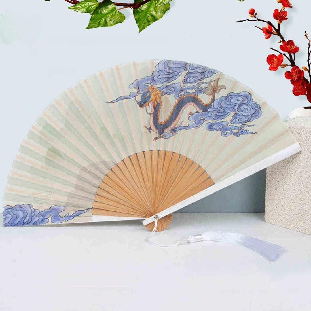 Silk Bamboo Fan With Dragon, Fans for Beach Party, Fans With Purple ...