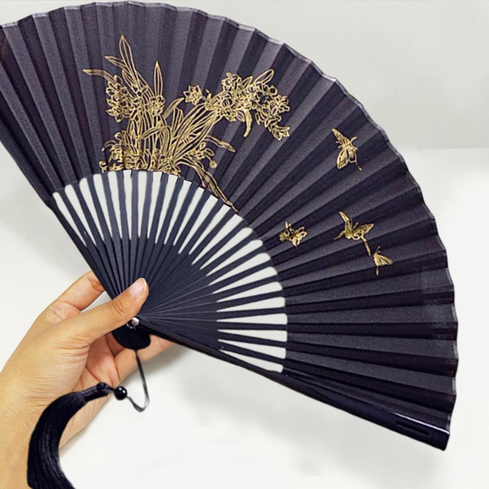 Large Kung Fu Bamboo Fan – Black Green Cloth Folding Fan With Lotus ...