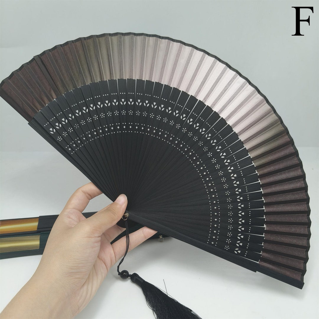 Minimalism Black Hand Fan With Tassels, Gradient Silk Folding Fan ...