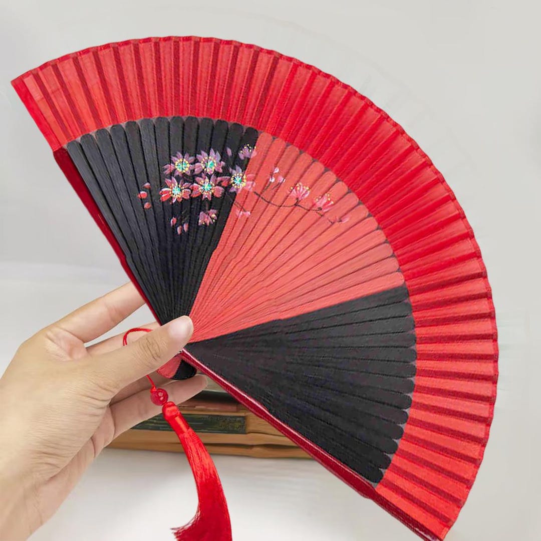 Elegant Flowers Folding Fan, Red Black Bamboo Fan, Cosplay Dance Fan ...