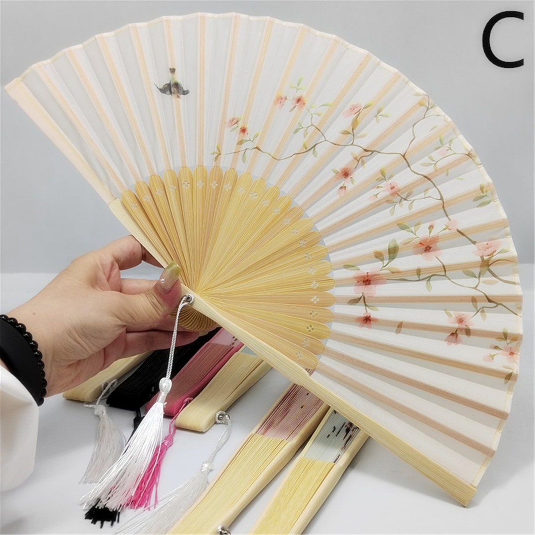 Pastel Floral Folding Fans, Bamboo Ribs Fan, Chinese Hanfu Wood Hand ...