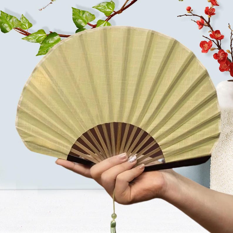 Elegant Bamboo Fan With Fabric, Half-round Fan, Portable Folding Fan ...