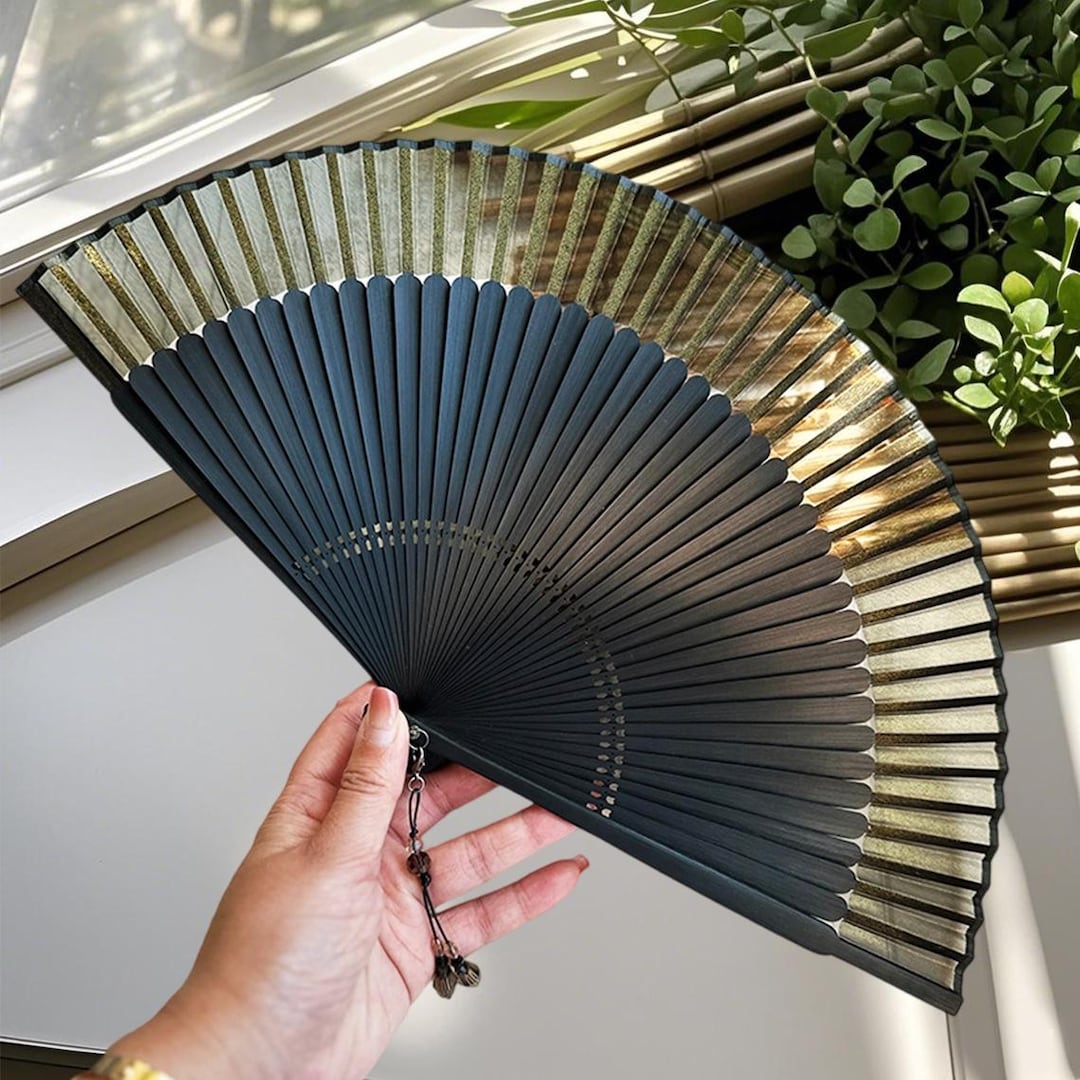 Folding Hand Fan, Black or Silver Bamboo Fan With Fabric, Elegant ...