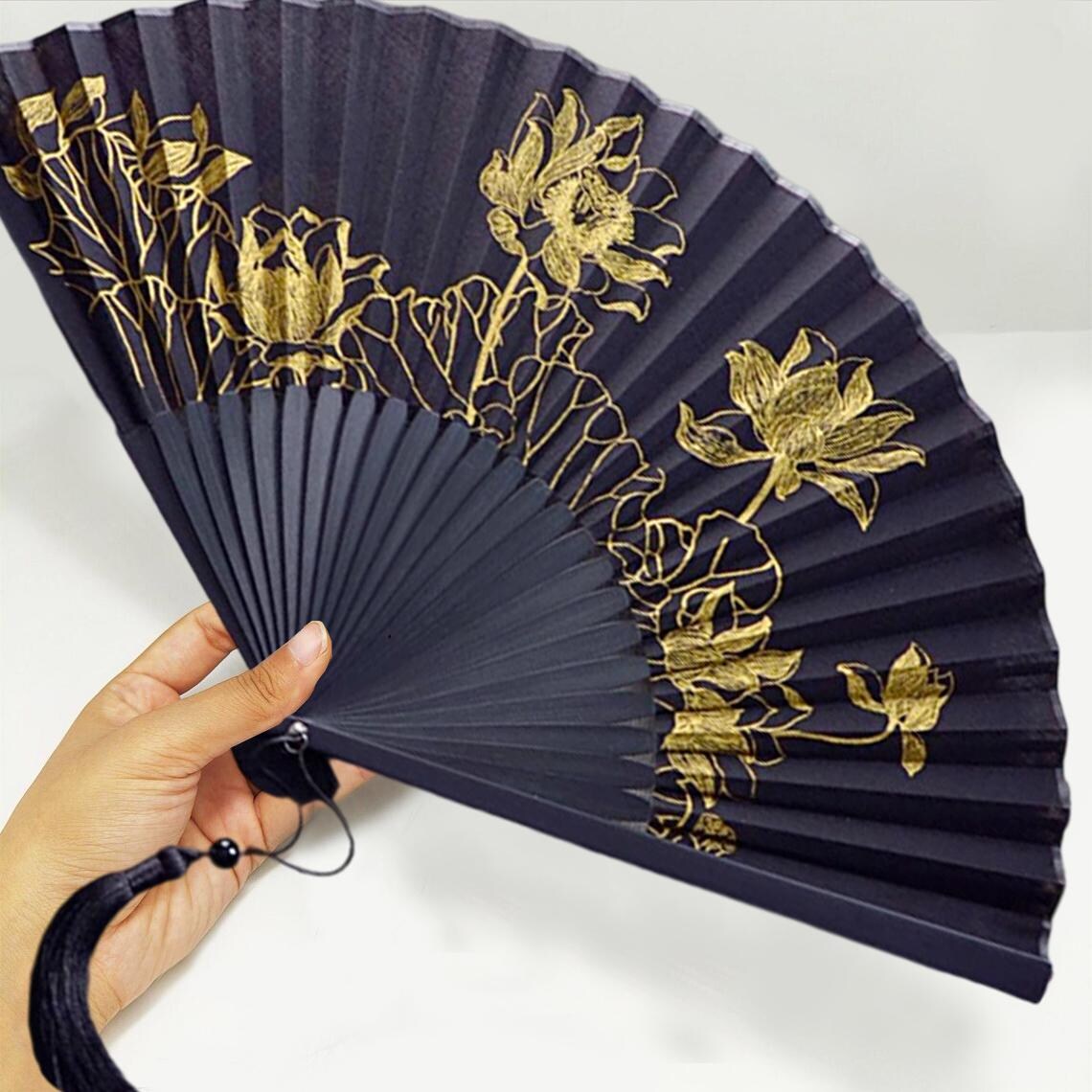 Large Kung Fu Bamboo Fan – Black Green Cloth Folding Fan With Lotus ...