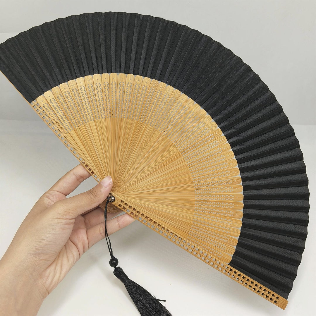 Black Minimalism Silk Hand Fan, Bamboo Ribs Handheld Fan, Rustic Fabric ...