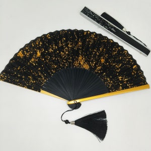 Sprinkling Golden Folding Fan, Japanese Silk Hand Fan, Classical Tassel ...