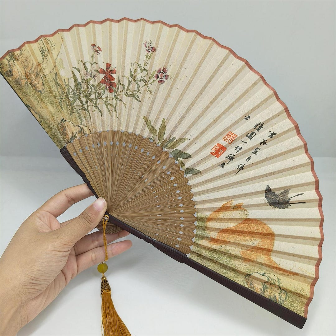 Cute Cat Handheld Fan, Antiquity Fabric Hand Fan, Classical Folding Fan ...