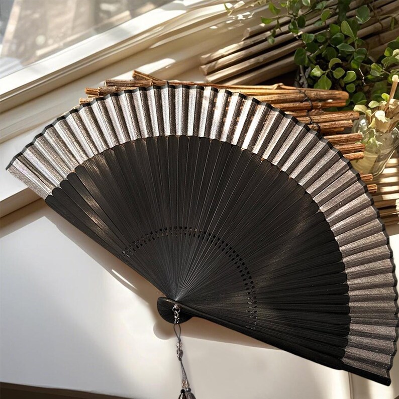 Folding Hand Fan, Black or Silver Bamboo Fan With Fabric, Elegant ...