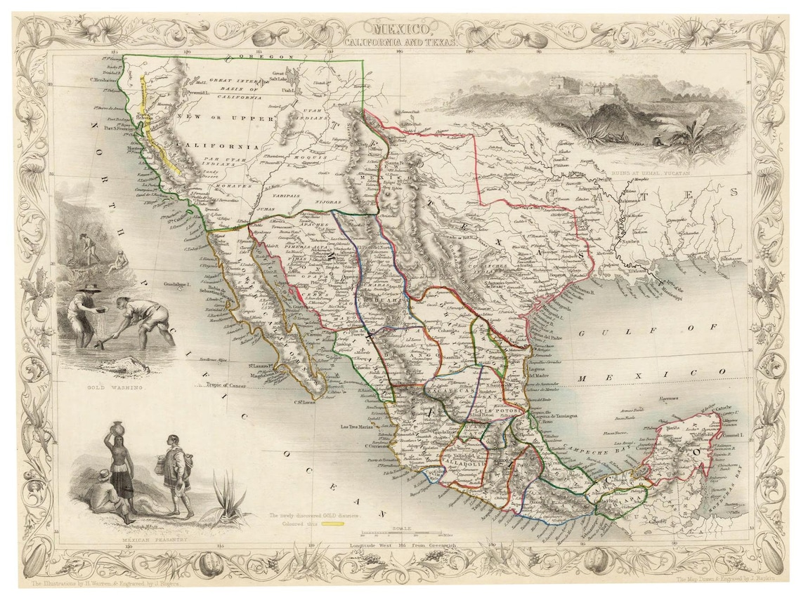 Historical Map Mexico Around 1850 Etsy