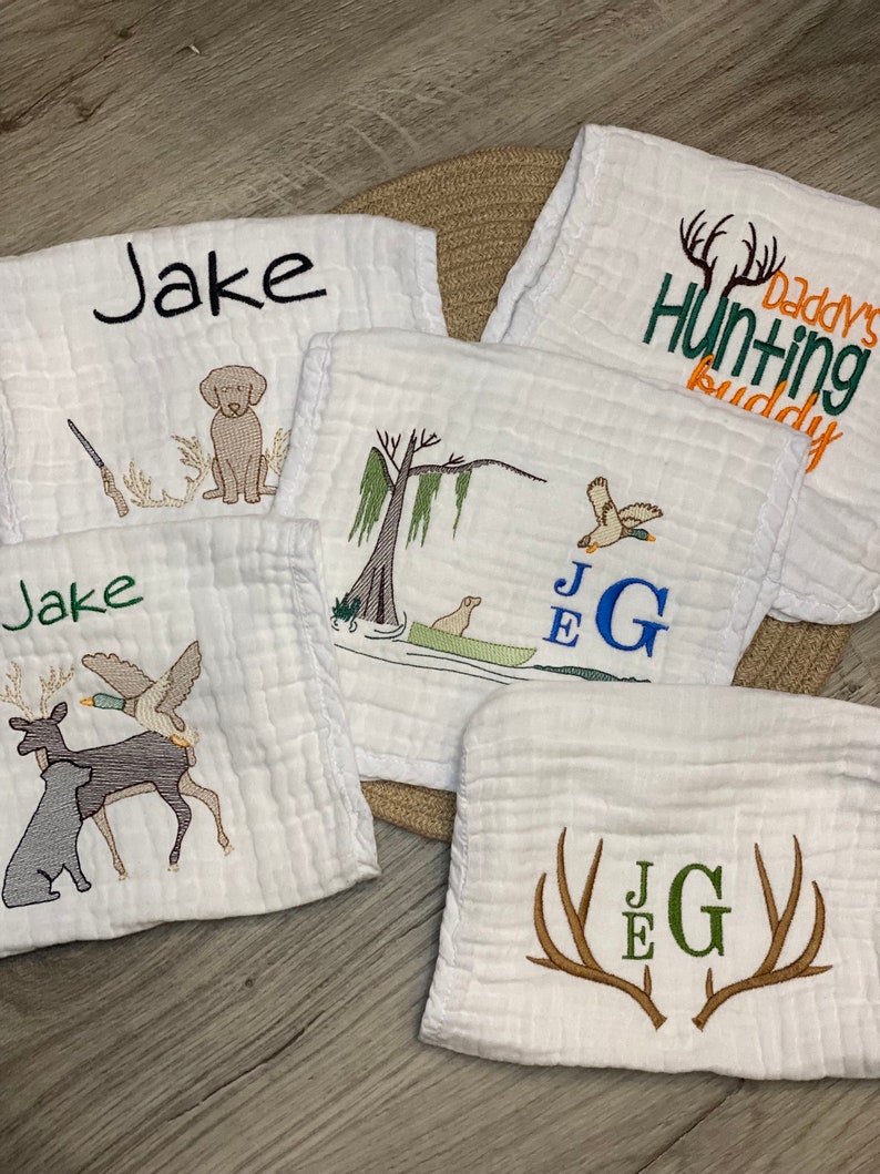 Personalized Baby Burp Cloth Set, Embroidered Cotton Muslin, Hunting ...