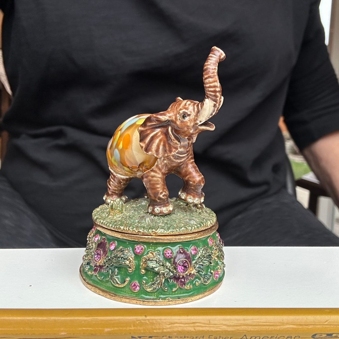 Vintage Enameled Elephant Box With Crystals - Heavy & Magnetic Ring Box ...