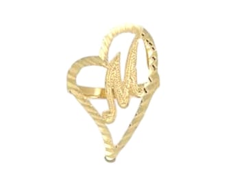 10k Yellow Gold Solid Slanted Heart Cursive Initial Ring With Diamond ...