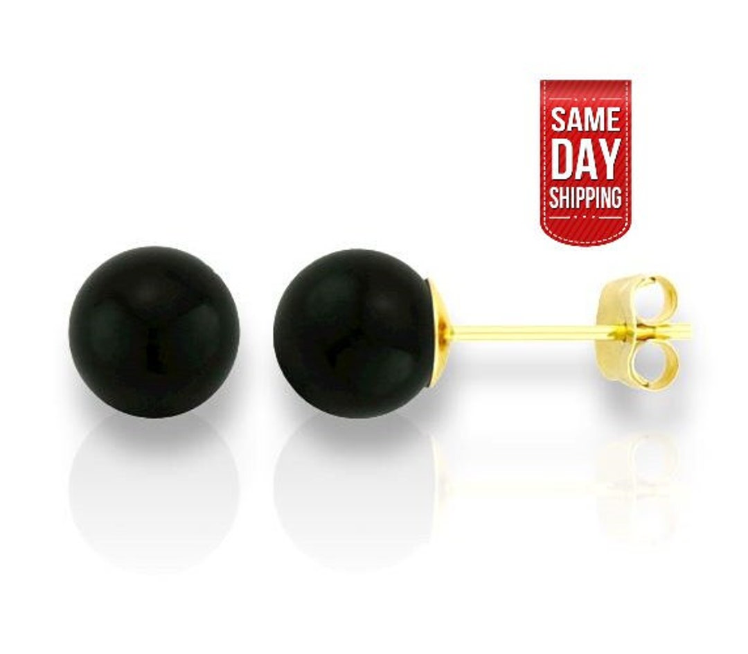 14K Solid Gold Genuine Black Onyx Ball Studs- Pushbacks- Black Onyx ...