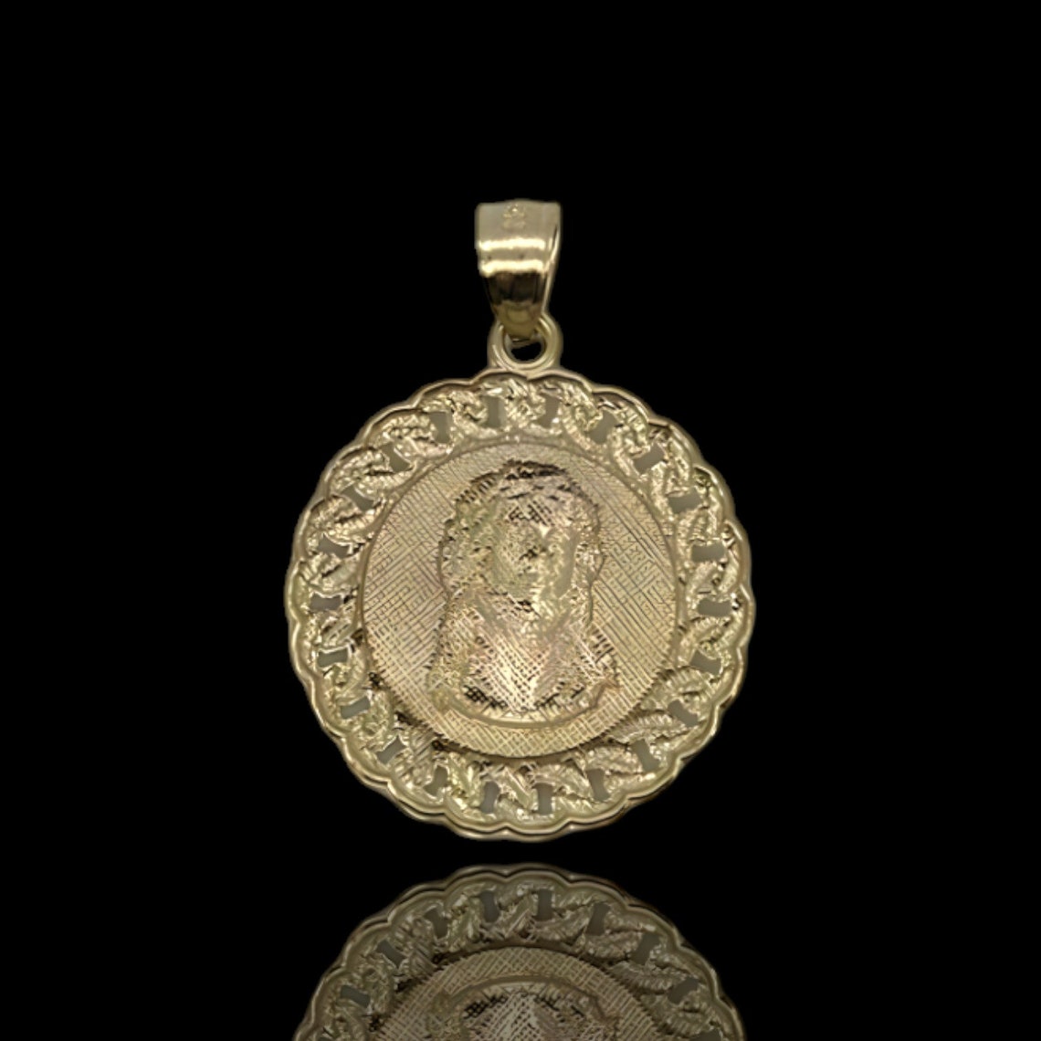 Two-tone Textured Circle Cuban Link Detail Jesus Pendant 10K Yellow ...
