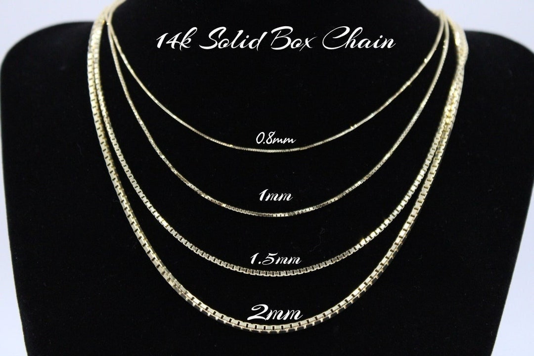 14K Solid Yellow Gold Box Chain Necklace, 14" to 26" Inch, 0.8mm to 2mm ...
