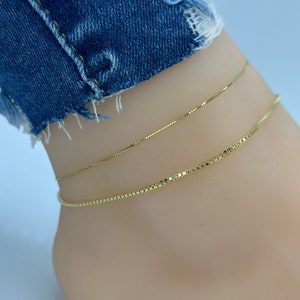 10K Anklet - Box Anklet , Box Chain Gold Anklet, 10K Solid Gold 0.8mm 1 ...