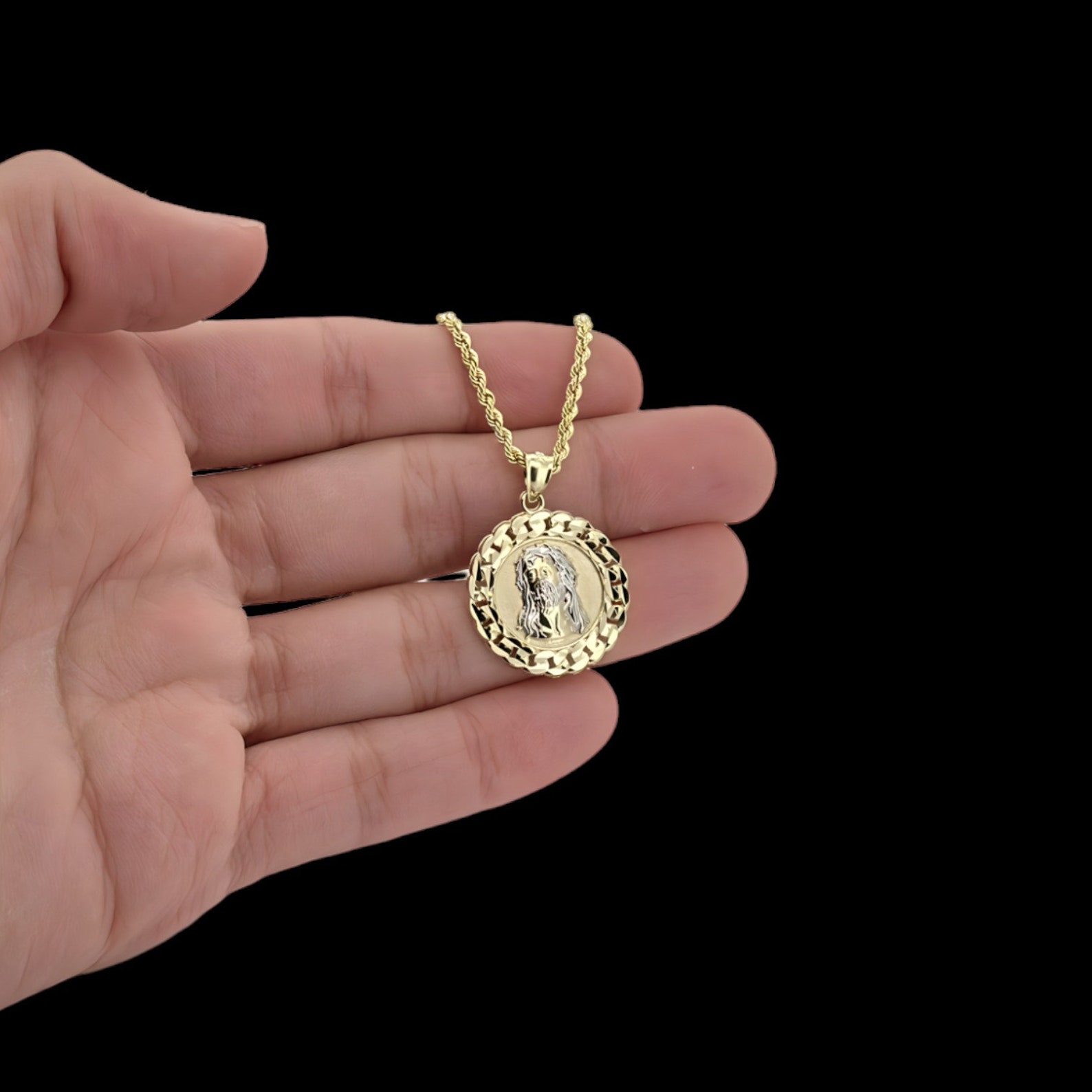 Two-tone Textured Circle Cuban Link Detail Jesus Pendant 10K Yellow ...