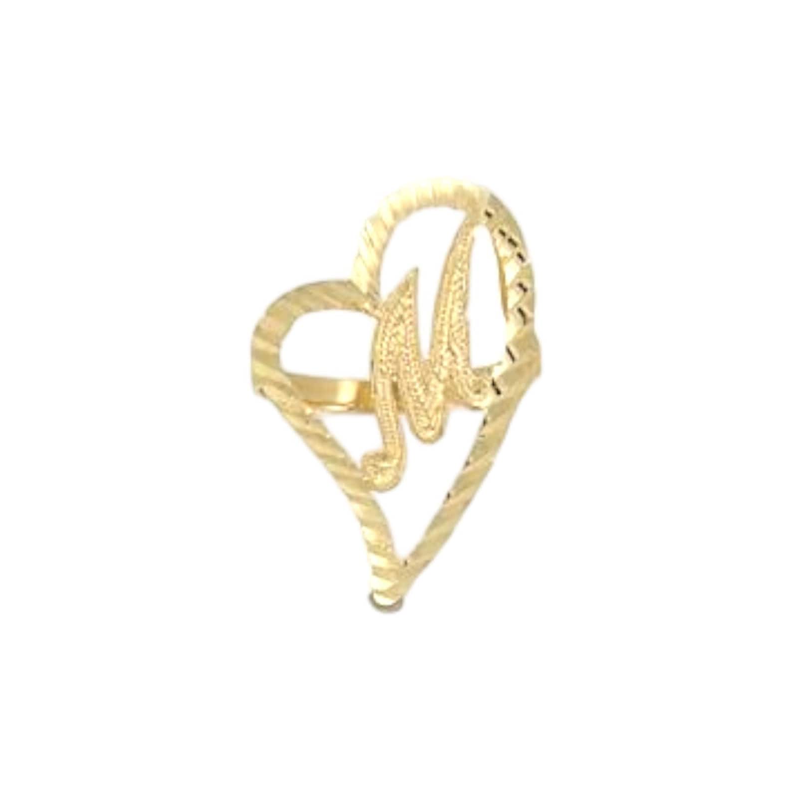 10k Yellow Gold Solid Big Slanted Heart Cursive Initial Ring With ...