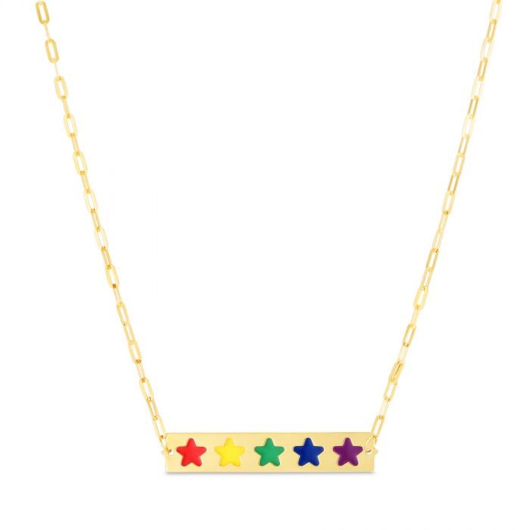 14K Yellow Gold Rainbow Enamel Stars Bar 18 Necklace With Lobster Clasp ...
