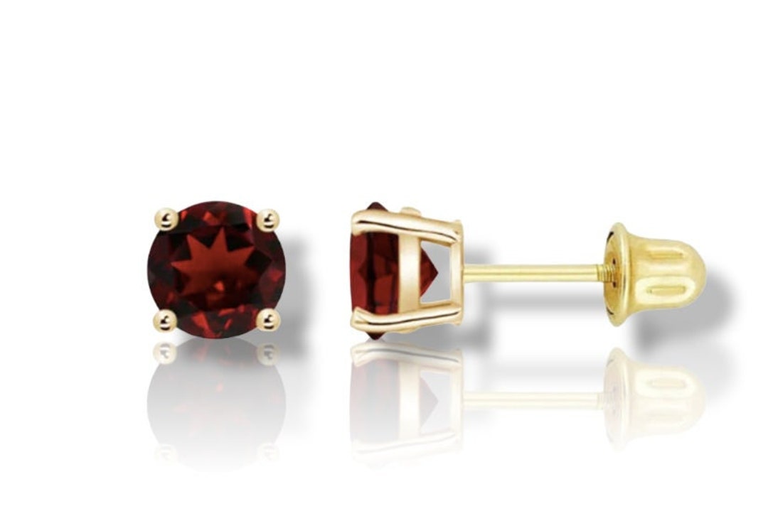 14K Solid Gold Round Shaped Birthstone Earrings| Screw Back Round Studs ...