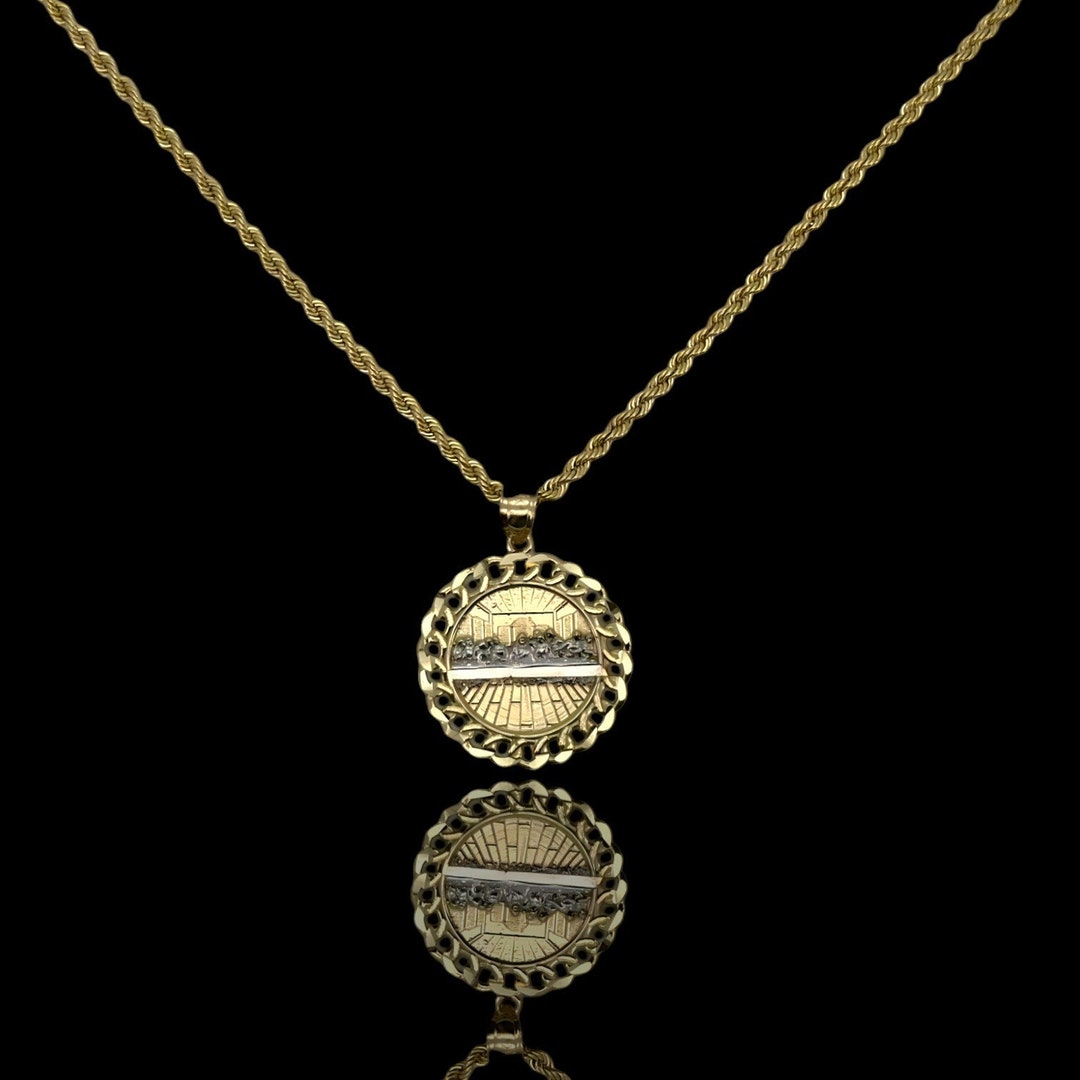 Two-tone Textured Circle Cuban Link Detail Last Supper Pendant 10K ...