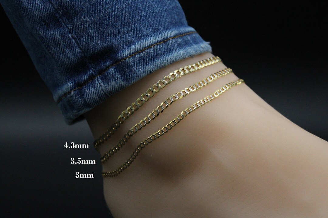 Solid 14K Gold Curb Cuban Two Tone Anklet 9 Inch 10 Inch 11 Inch 12 ...