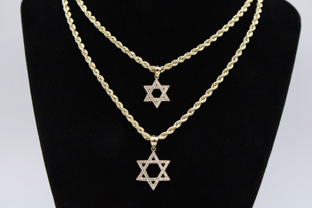 10k Real Gold Star of David Pendant Necklace, With Rope Chain Necklace ...