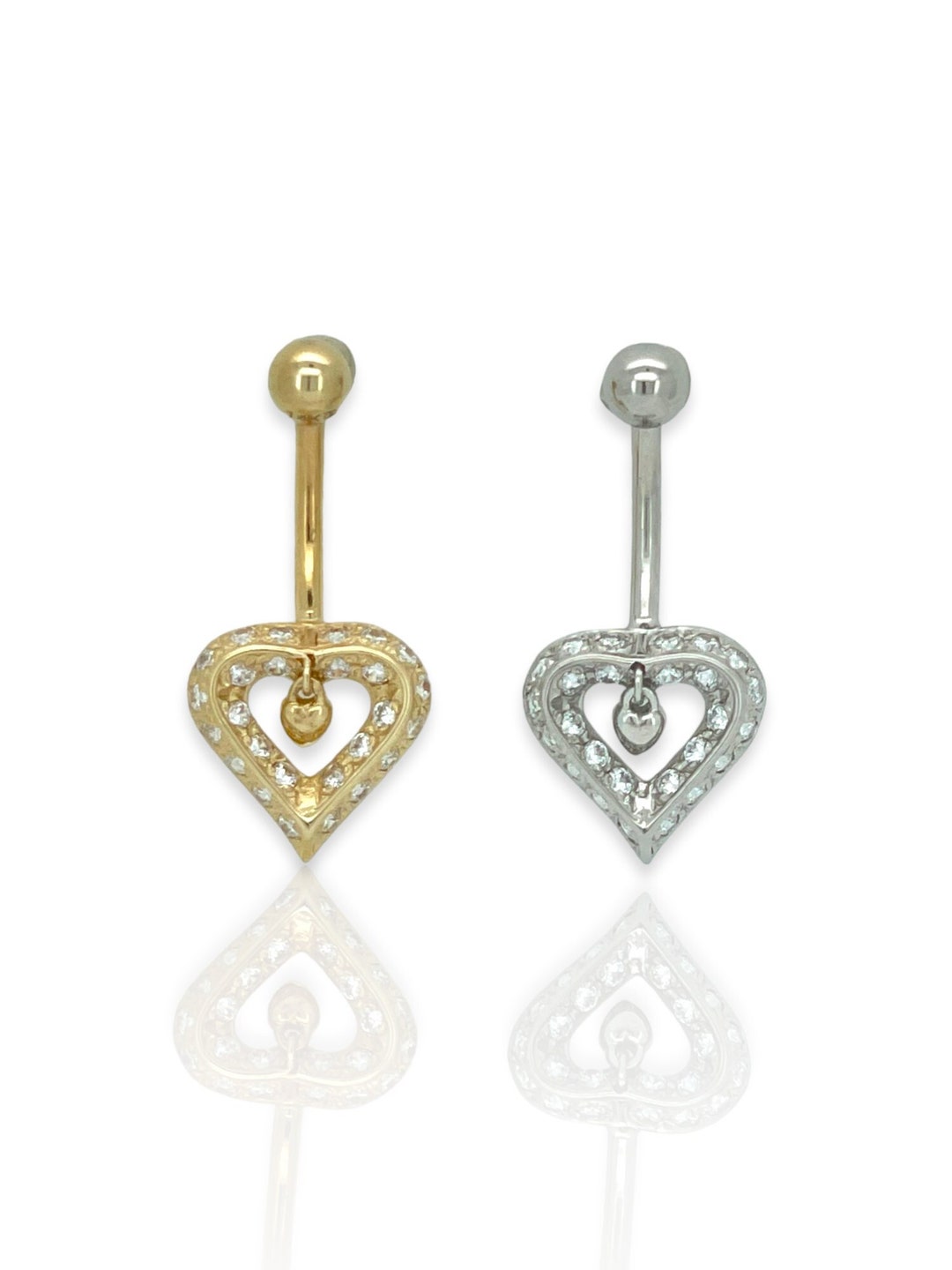 14k Yellow or White Gold CZ Belly Button Heart Shape Ball Screw Body ...