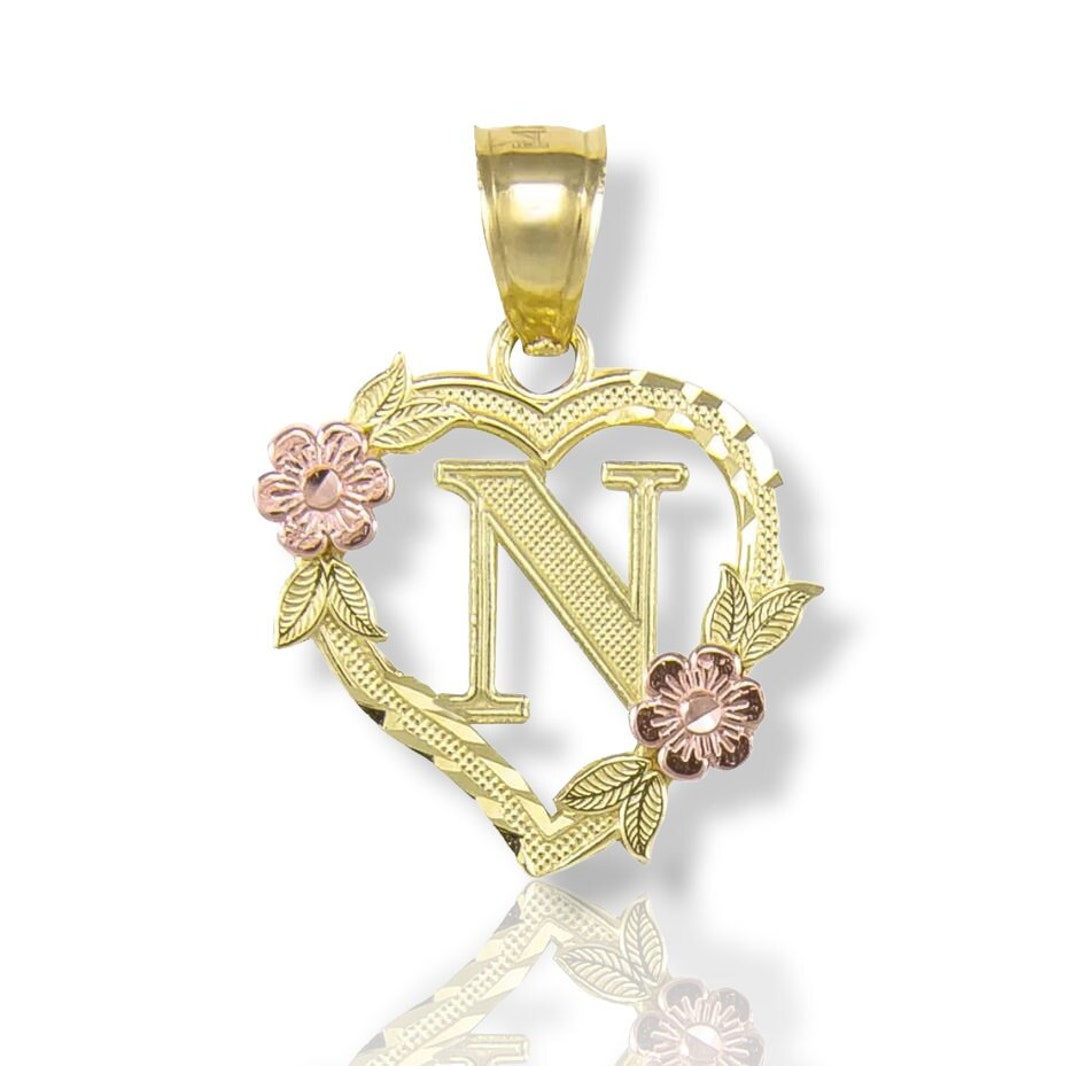 10K Yellow Gold Heart Initial Pendant Charm Diamond Cut A ~ Z Alphabet ...