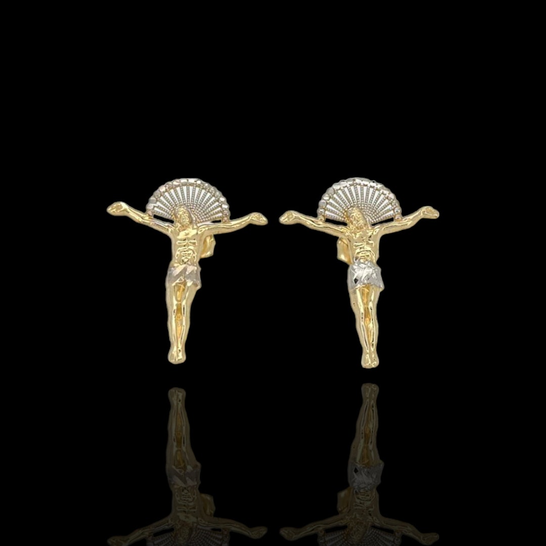 10K Solid Yellow Gold Jesus Crucifix Cross Stud Earrings - Christ ...