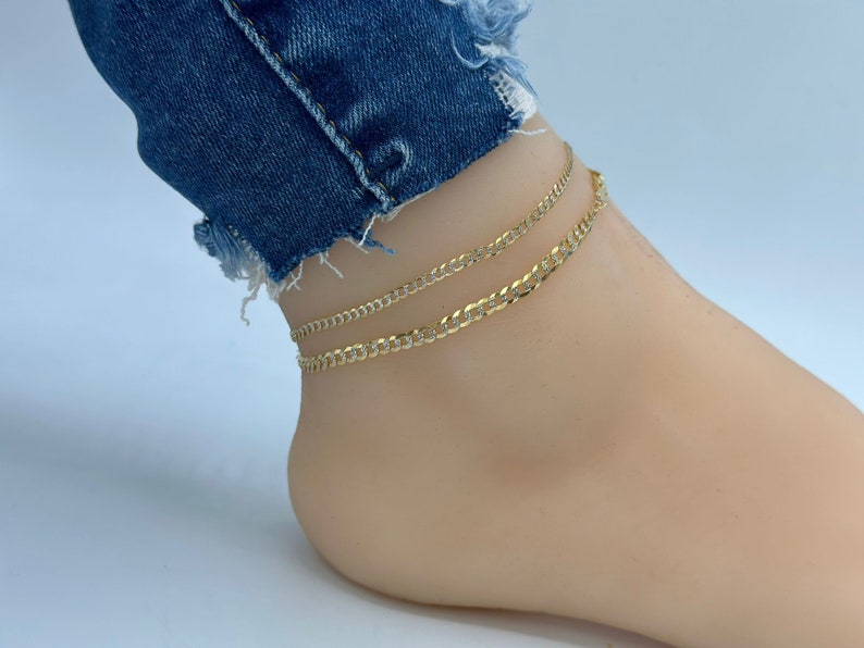 10K Fully Solid Anklet - Curb Cuban Two Tone Anklet , Flat Link Chain ...