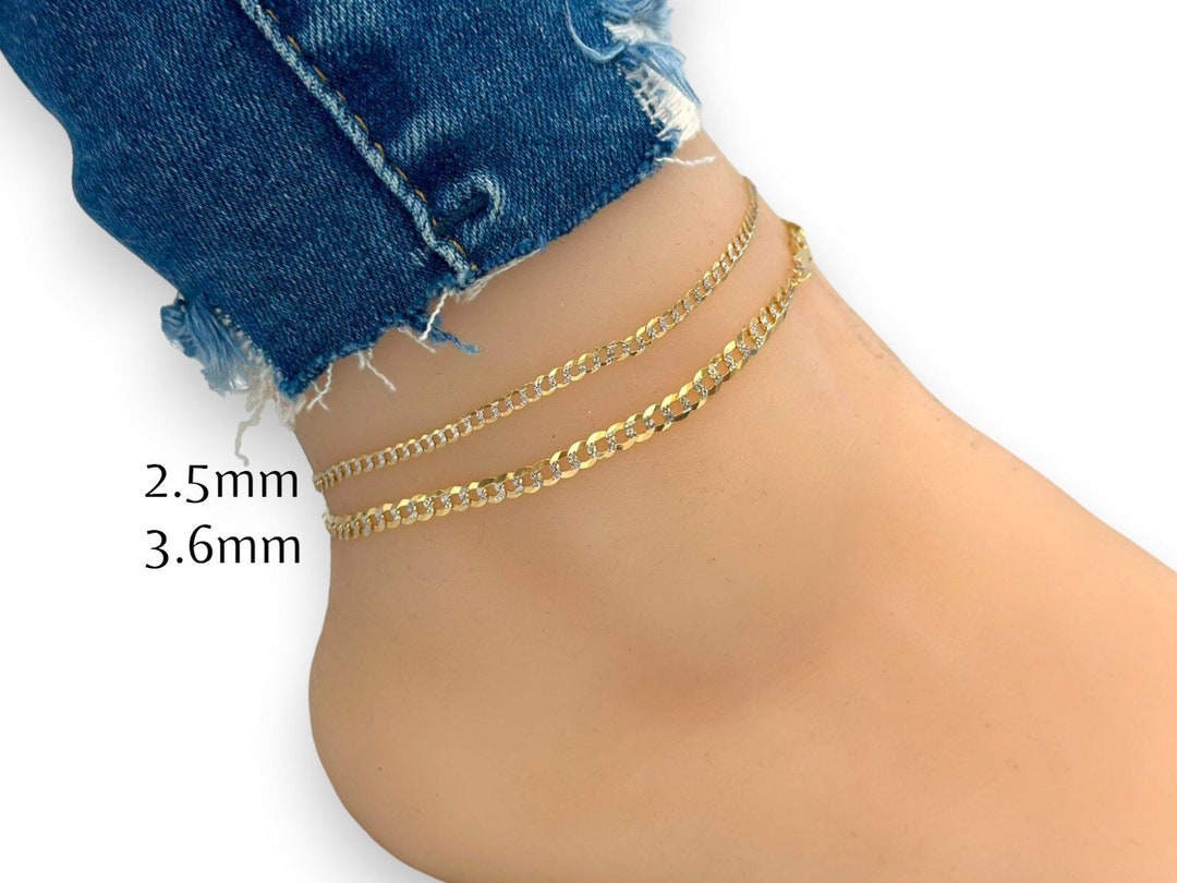 10K Fully Solid Anklet - Curb Cuban Two Tone Anklet , Flat Link Chain ...
