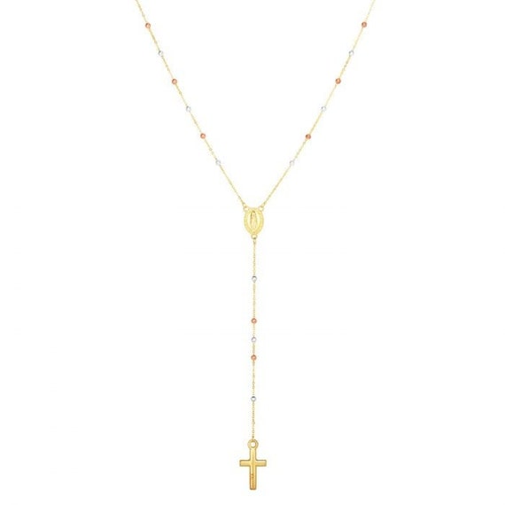 14K Tri color Yellow Rose White Gold 26 Rosary Inspired Necklace real 14k Gold Etsy