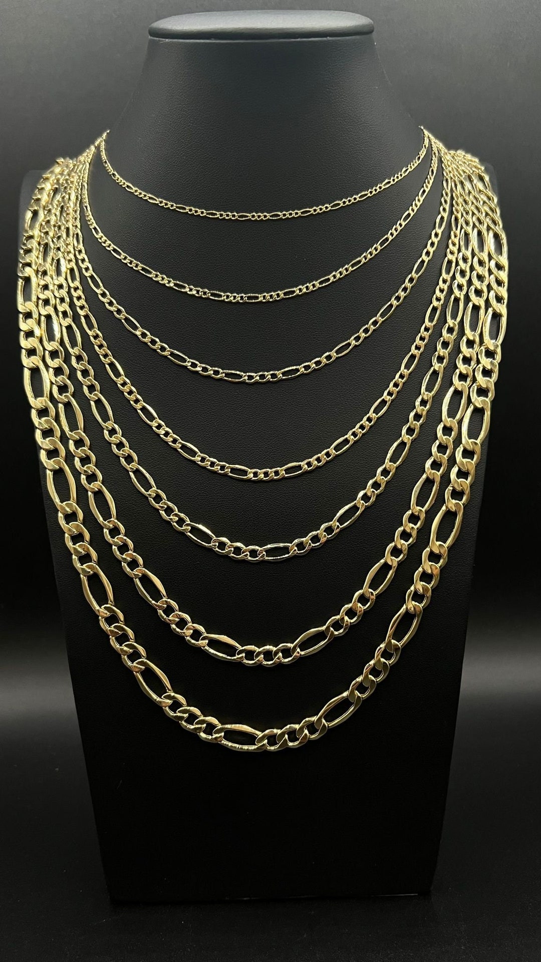 14K Yellow Gold Figaro Chain Necklace, 2mm - 7.5mm 16" - 28" Inch, 14k Thick Link Chain, Real ...