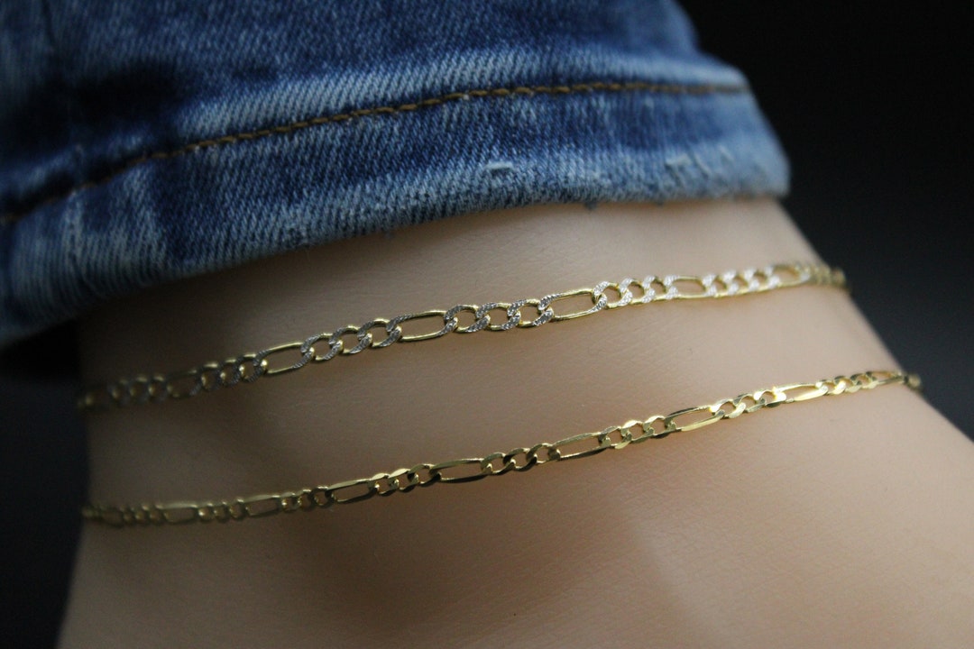 14K Anklet - Figaro Anklet , Flat Link Chain Gold Anklet, 14K Solid ...