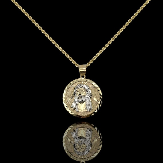 Two tone Textured Circle Jesus Pendant 10K Yellow White Gold Etsy