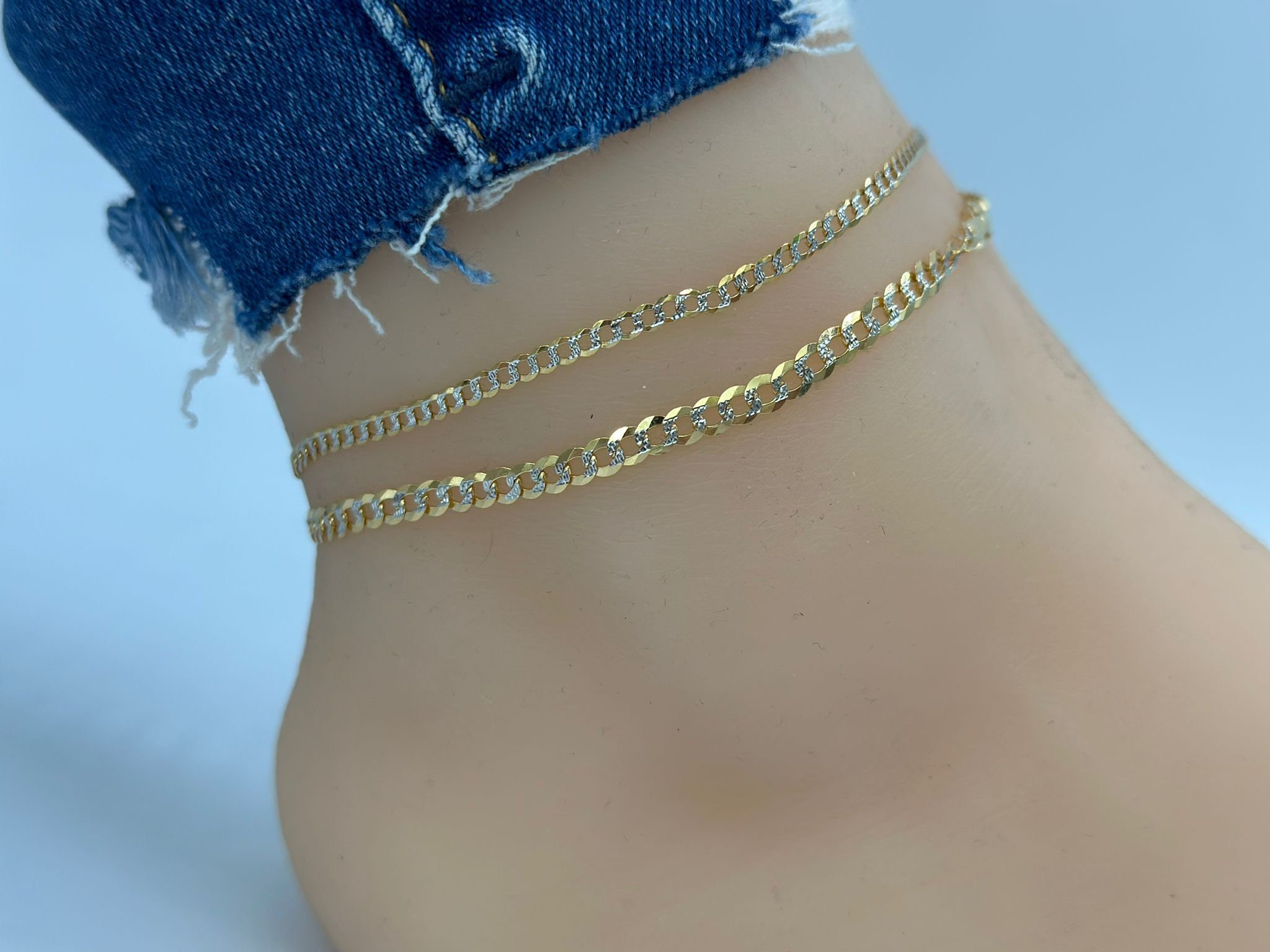 10K Fully Solid Anklet - Curb Cuban Two Tone Anklet , Flat Link Chain ...