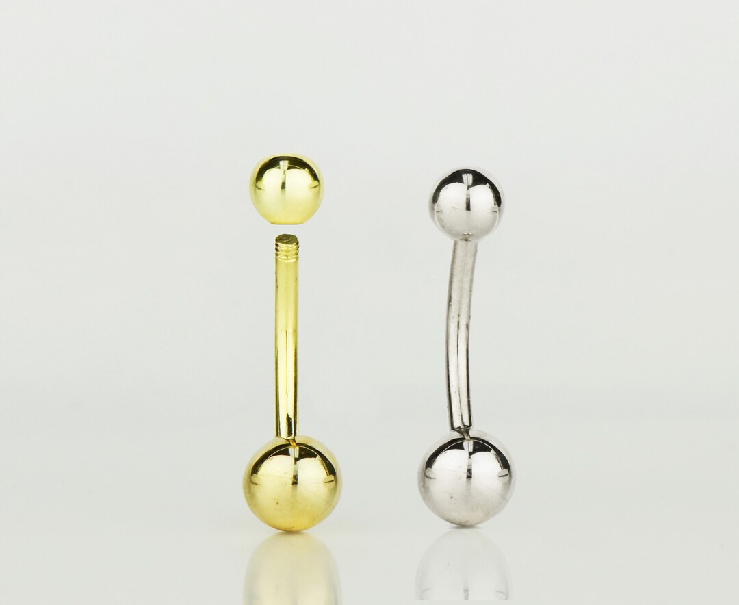 14k Solid Gold Belly Button Ring Navel Piercing Round Two Balls Bar ...
