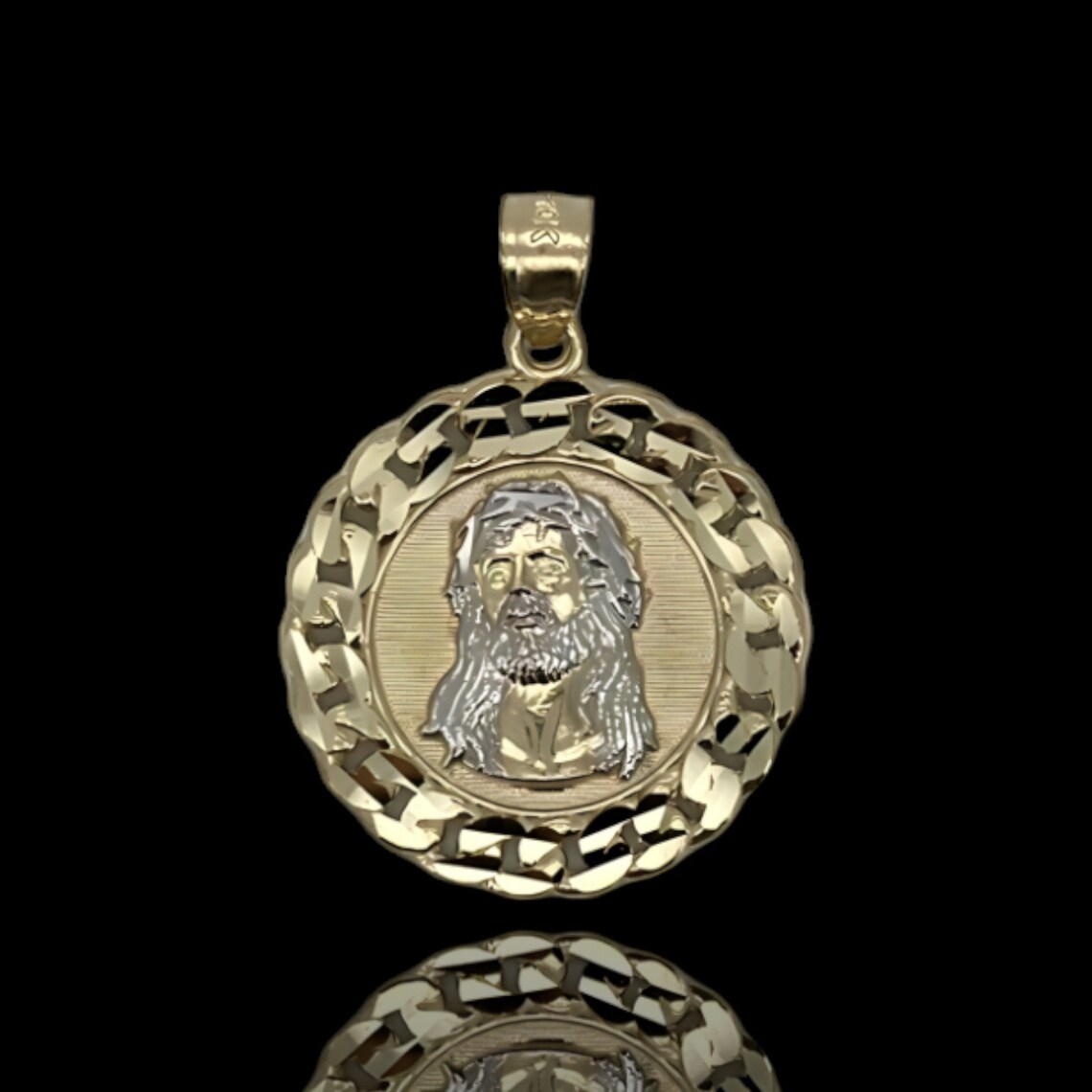 Two-tone Textured Circle Cuban Link Detail Jesus Pendant 10K Yellow ...