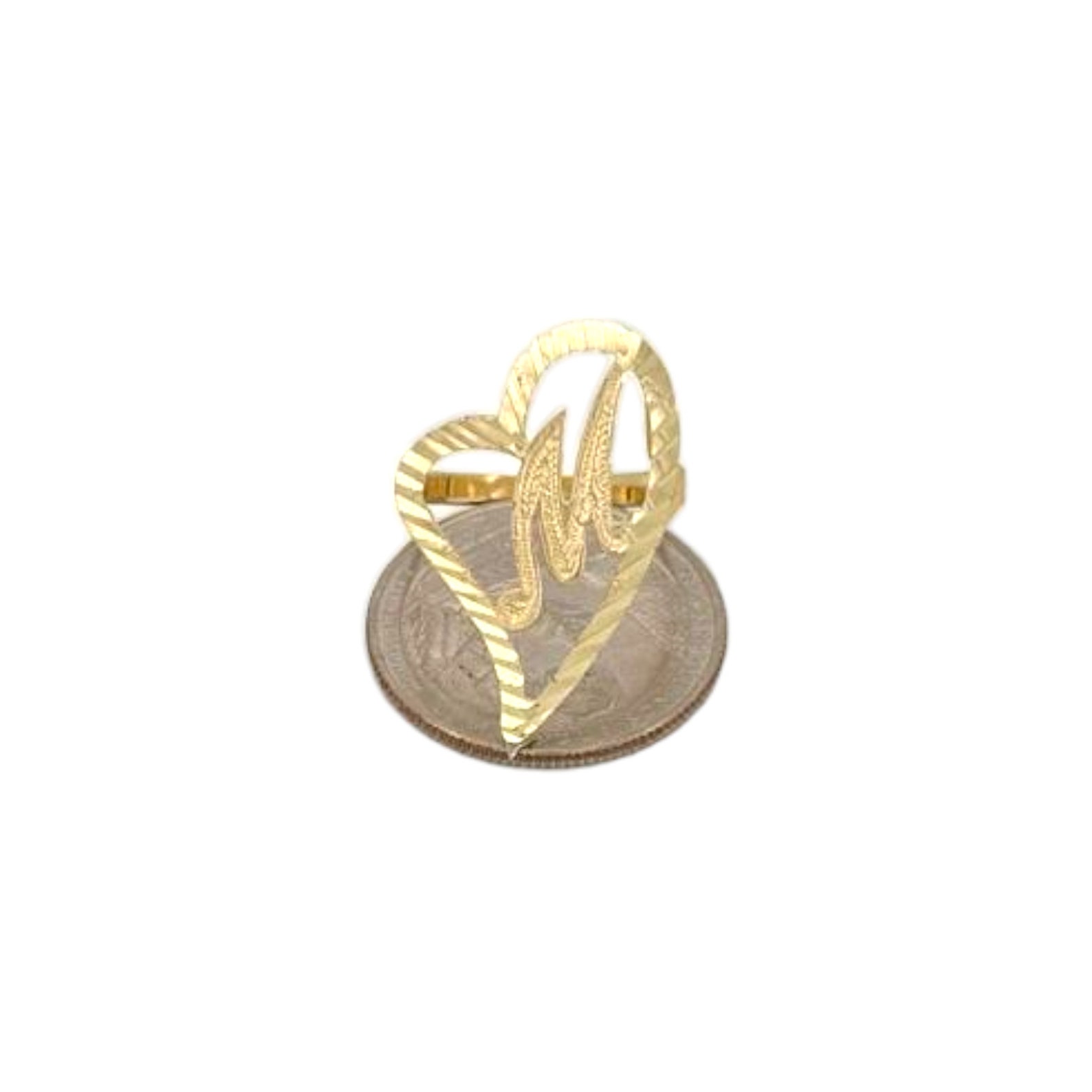 10k Yellow Gold Solid Big Slanted Heart Cursive Initial Ring With ...