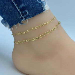 10K Anklet - Figaro Anklet , Flat Link Chain Gold Anklet, 10K Solid ...