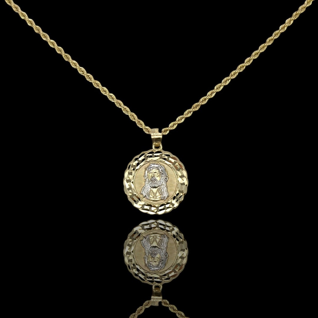 Two-tone Textured Circle Cuban Link Detail Jesus Pendant 10K Yellow ...