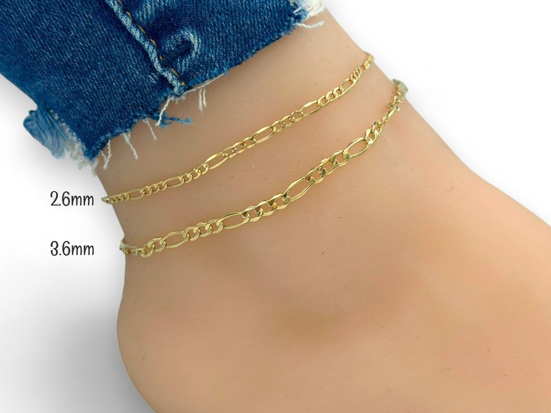 10K Anklet - Figaro Anklet , Flat Link Chain Gold Anklet, 10K Solid ...