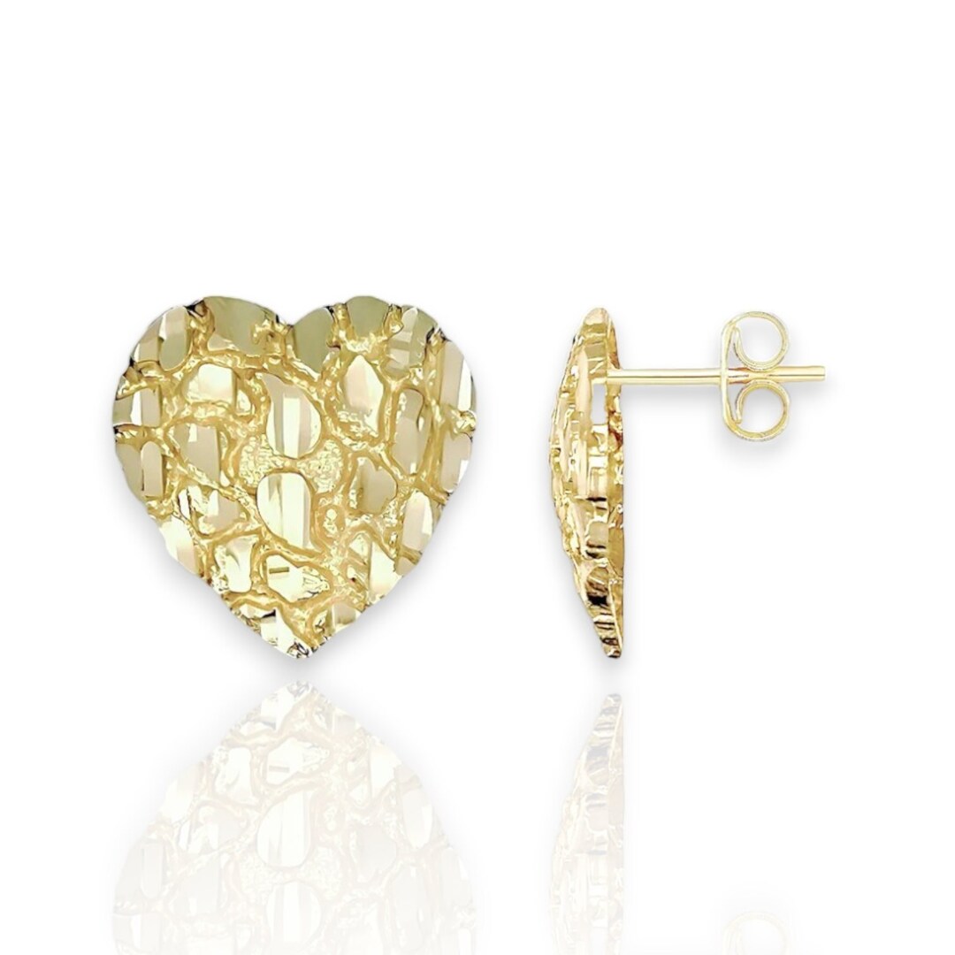 10k Solid Gold Heart Nugget Stud Earrings Push Back for Girl Women All Sizes Available Xsmall ...
