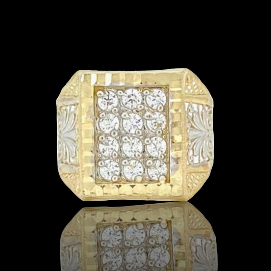 Real 10K Yellow Gold Square Filigree Design Ring With Cubic Zirconia CZ ...