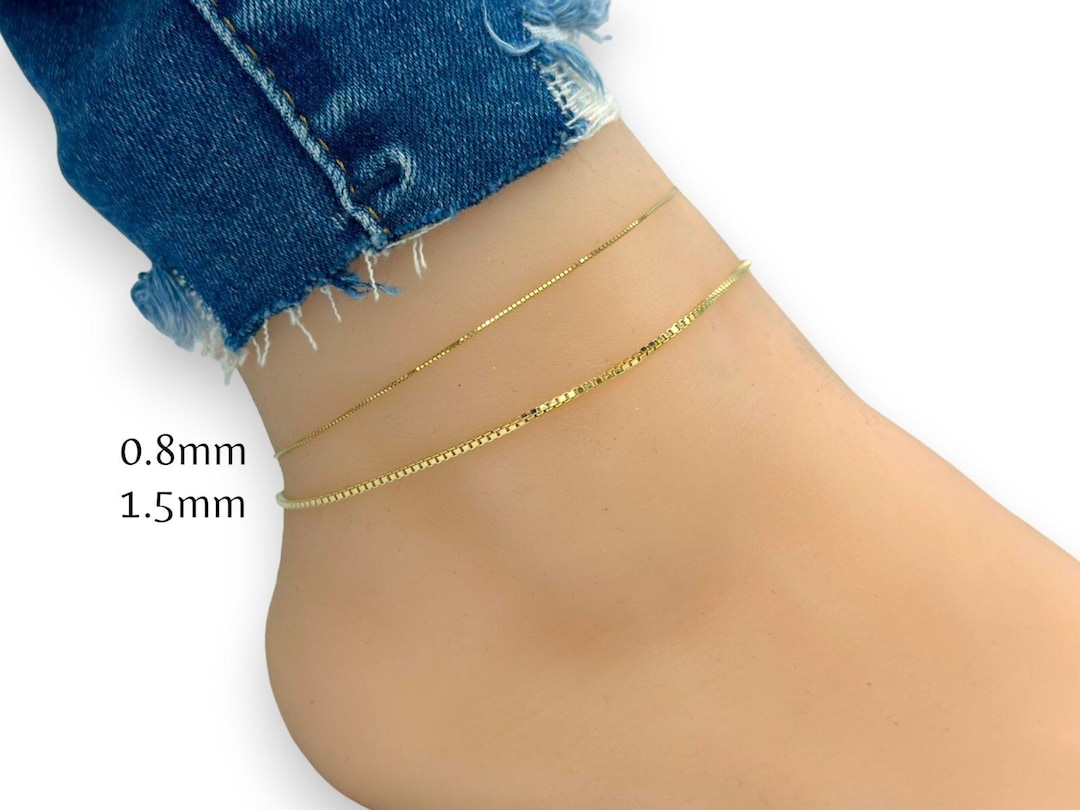 10K Anklet - Box Anklet , Box Chain Gold Anklet, 10K Solid Gold 0.8mm 1 ...